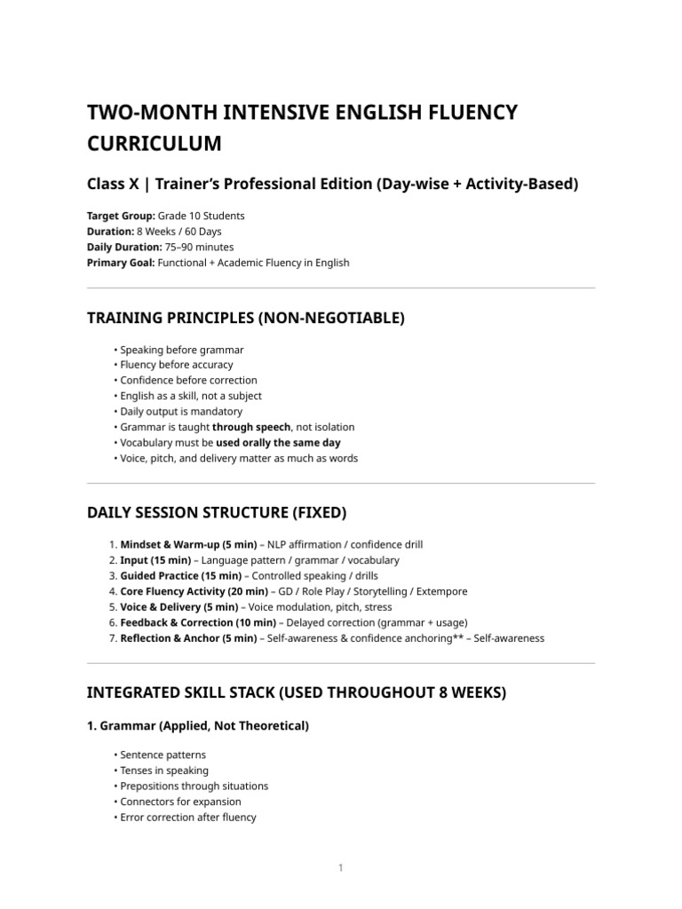 Two-month Intensive English Fluency Curriculum – Class X (Trainer’s ...
