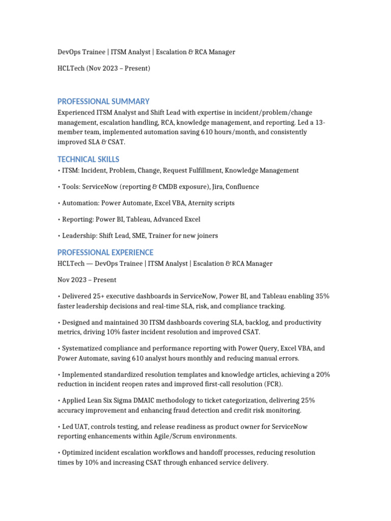 ITSM_Engineer_Resume_v2 | PDF | Six Sigma | Scrum (Software Development)