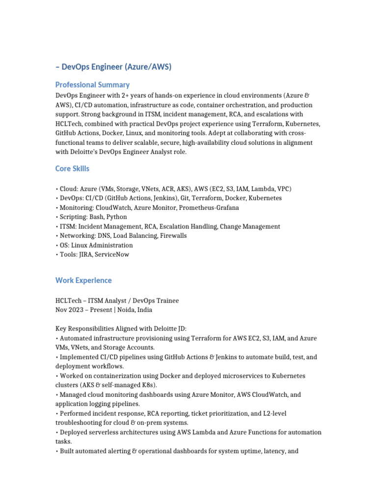Deloitte DevOps Resume | PDF | Cloud Computing | Microsoft Azure