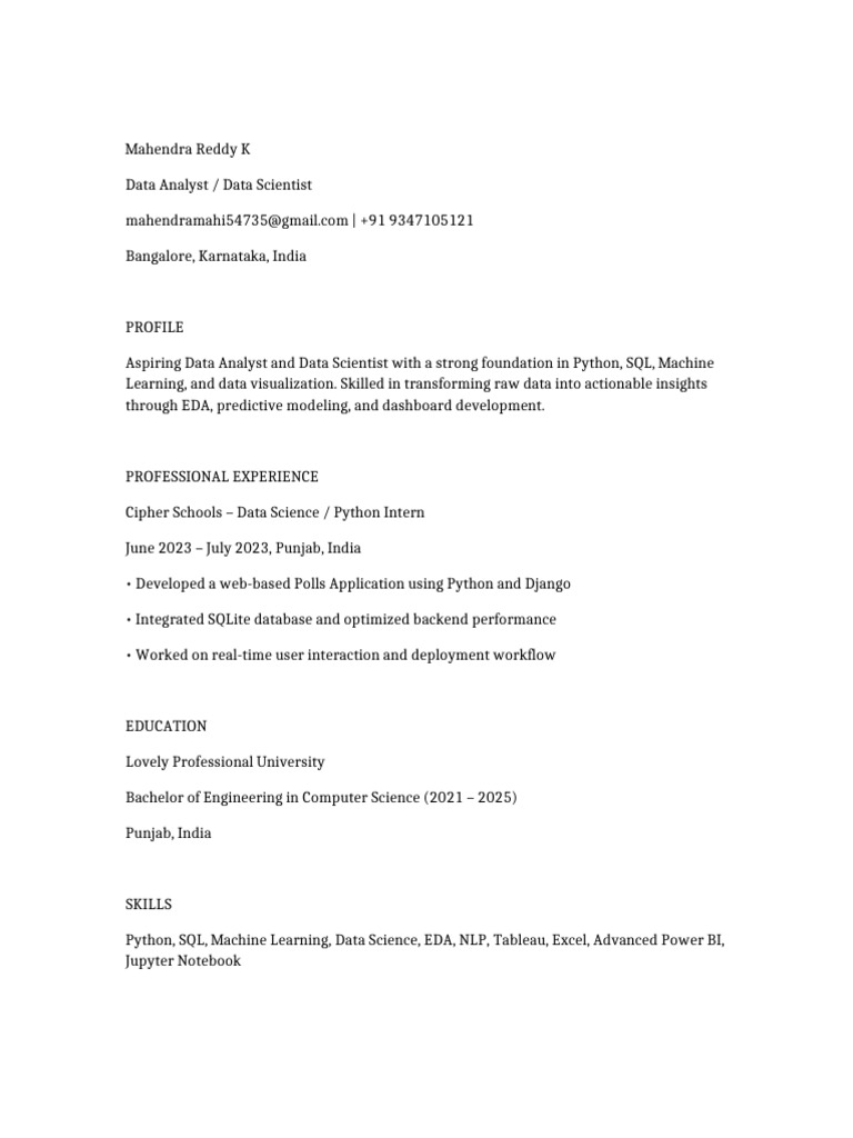 Mahendra Reddy K FlowCV Style | PDF