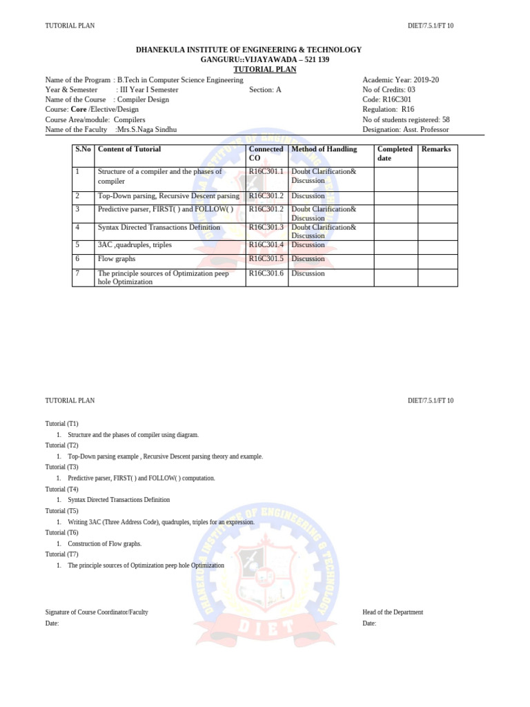 FT10 Unit Wise Tutorial Plan A | PDF | Parsing | Compiler