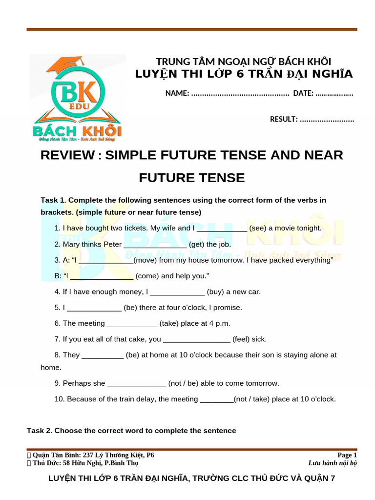 Gr5 Review Simple Future Tense and Near Future Tense | PDF | Chess ...
