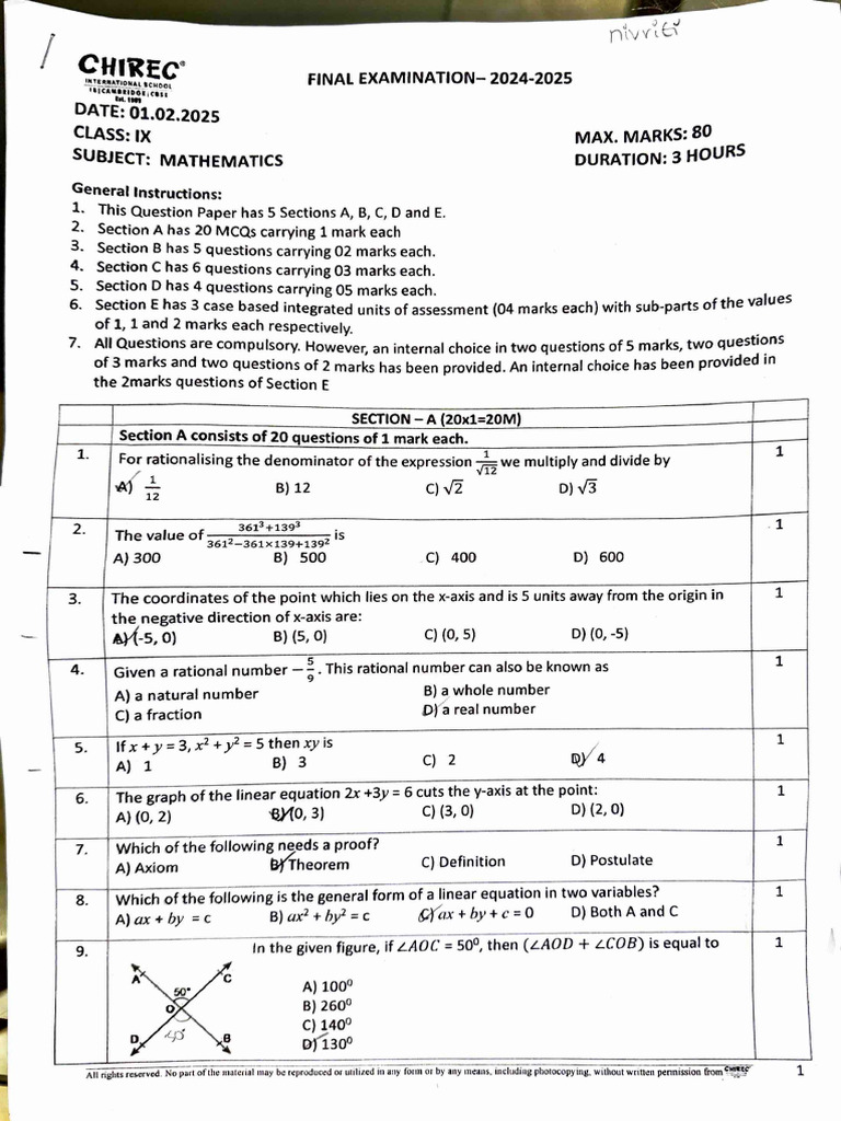 Class IX Mathematics Final Exam 2025 | PDF