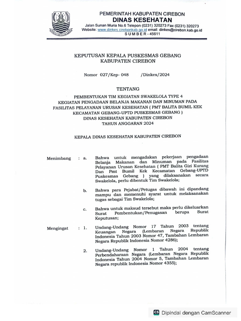 SK Pembentukan Tim Kegiatan Swakelola Type 4 | PDF