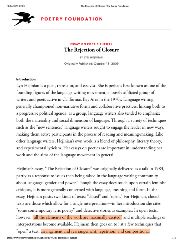 The Rejection of Closure - The Poetry Foundation | PDF