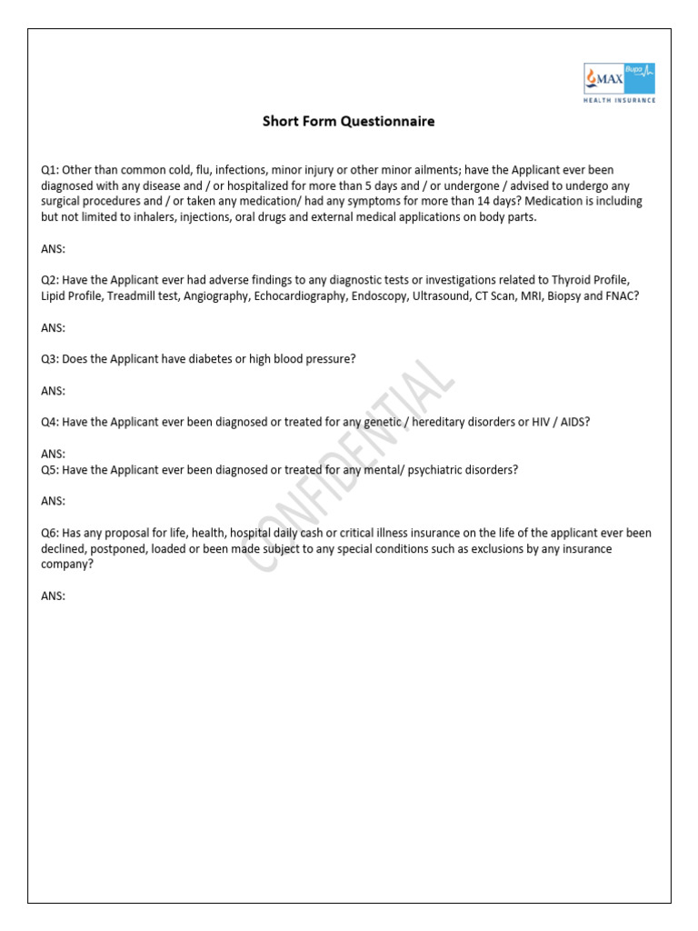 Short Form Questionnaire | PDF