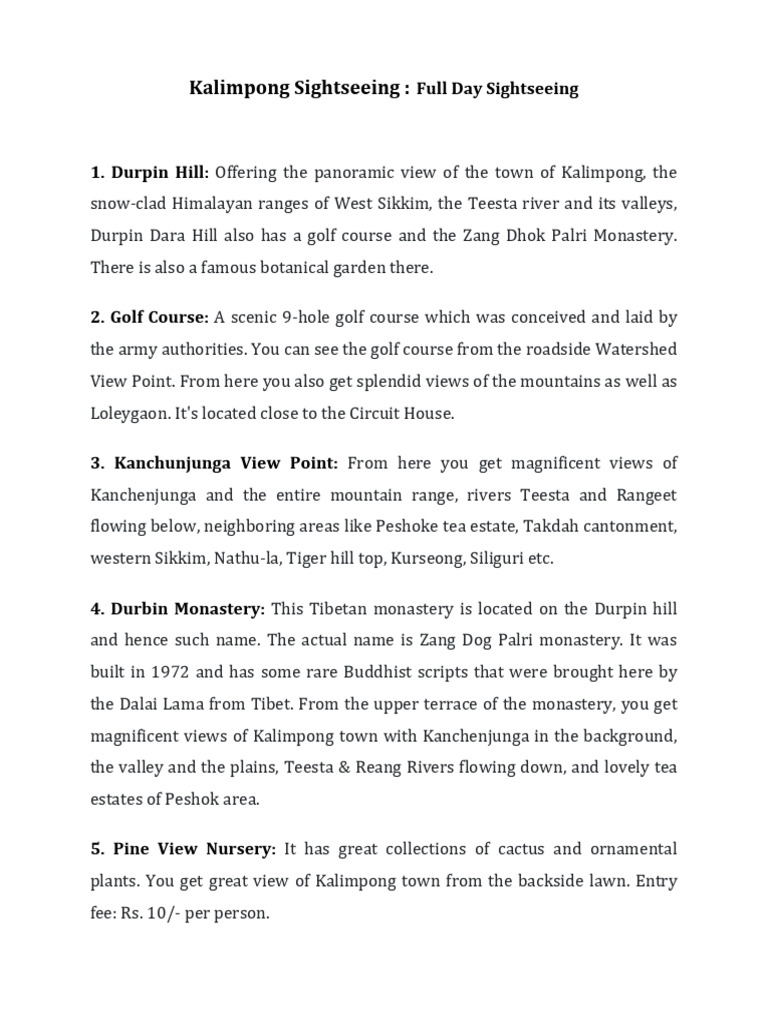 Kalimpong Full Day Sightseeing Guide | PDF