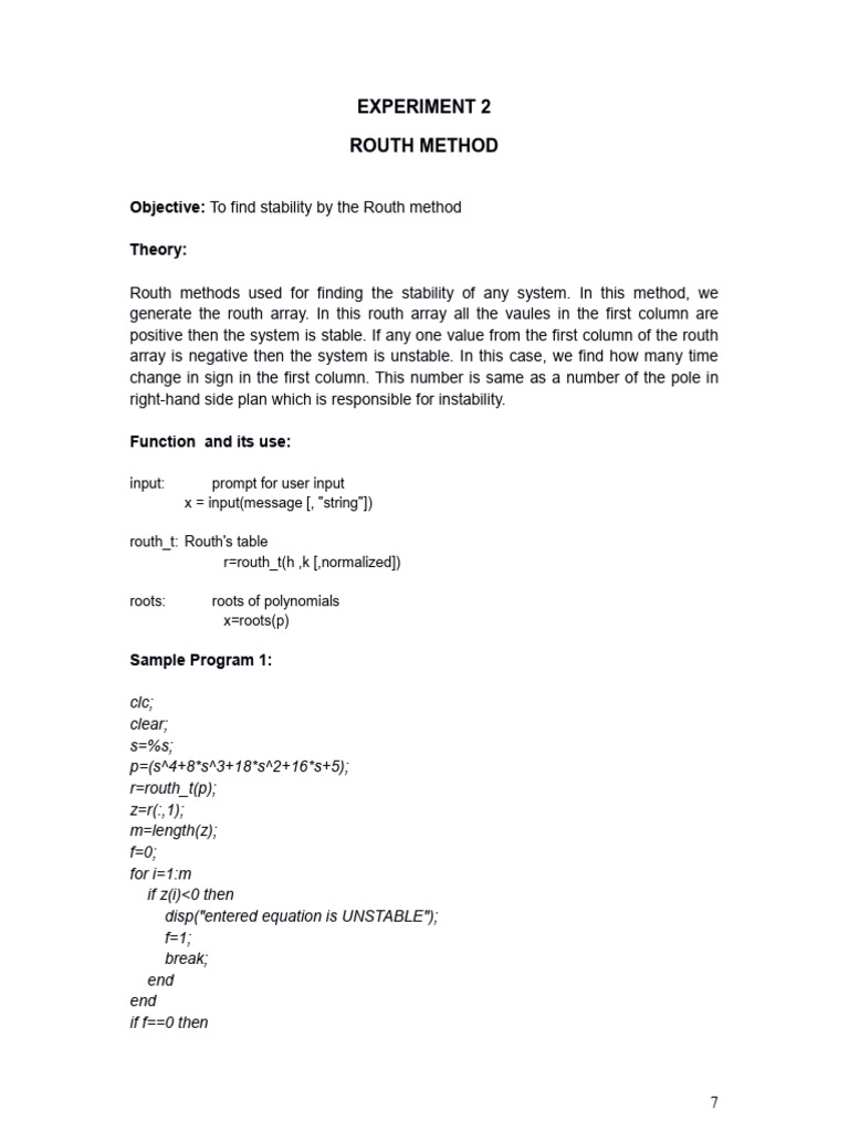 Scilab Code for Routh and Hurwitz | PDF | Stability Theory ...