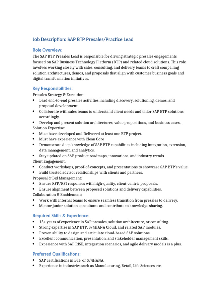 SAP BTP Presales Lead Job Description | PDF