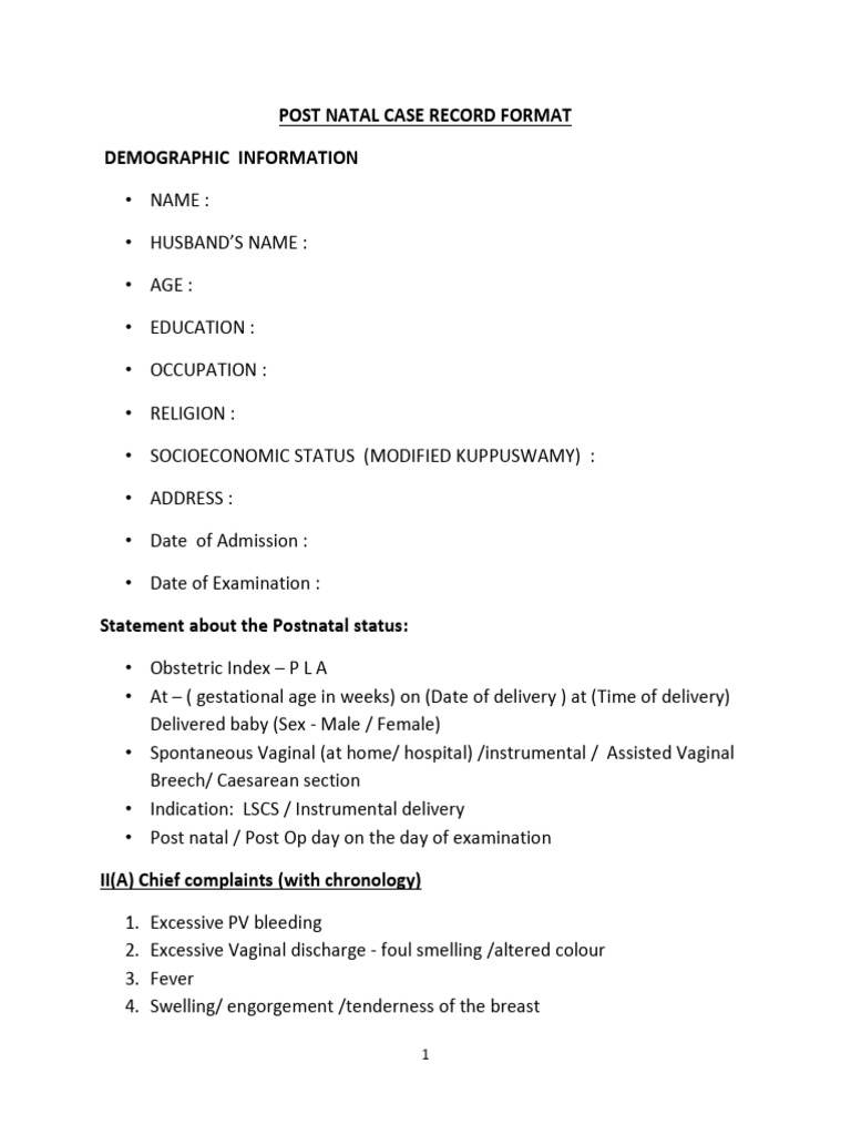 Postnatal Case Format | PDF | Childbirth | Pregnancy