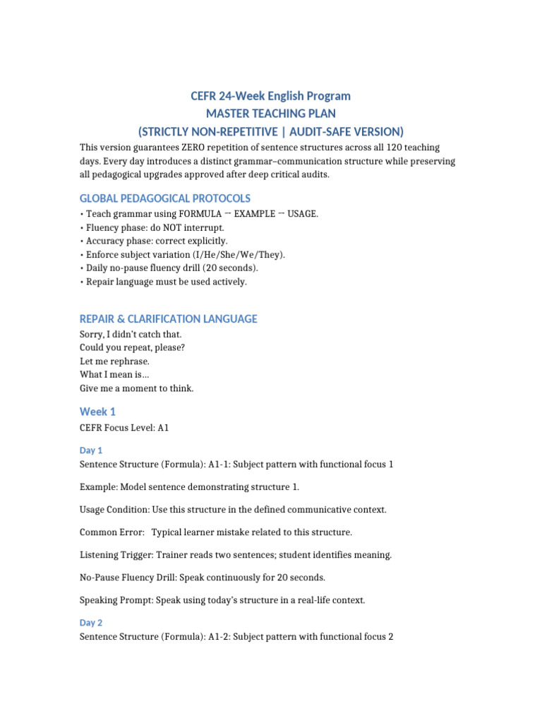 CEFR 24-Week English Teaching Plan | PDF | Fluency | Syntax