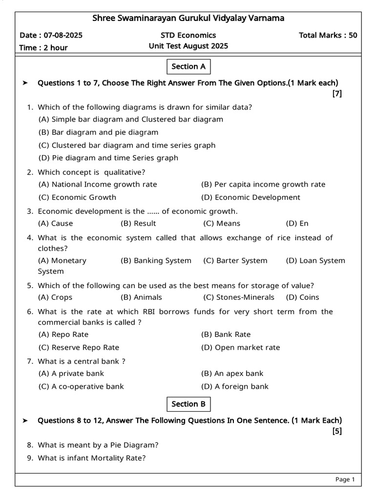 Economics Unit Test Questions 2025 | PDF | Money | Central Banks