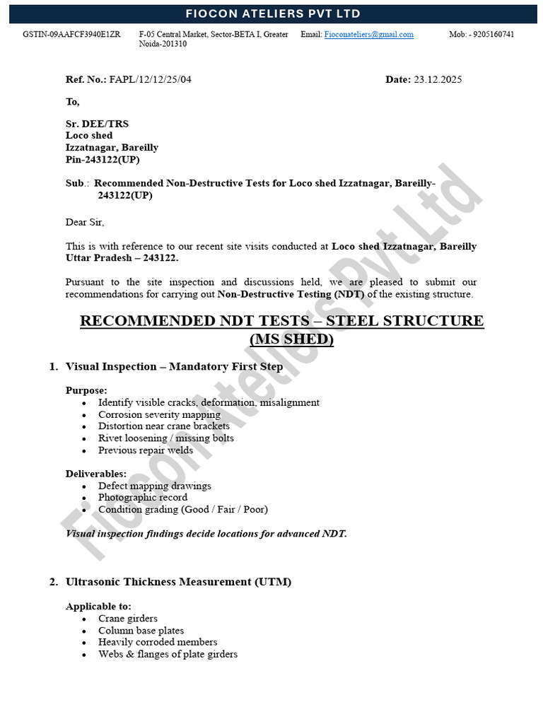 Bareilly NDT Tests Proposal | PDF | Nondestructive Testing | Concrete