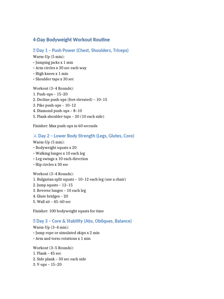 4-Day Bodyweight Workout Routine | PDF