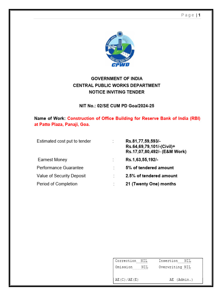 RBI Office Building Tender Goa 2024 | PDF | Cheque | Payments