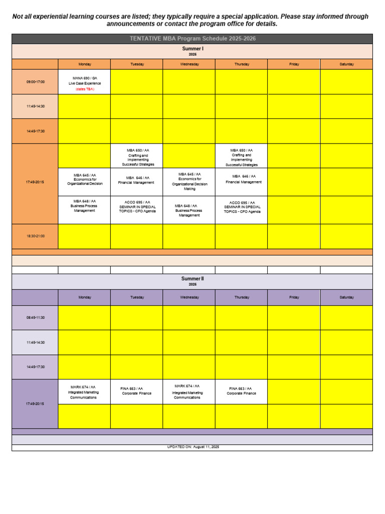 Tentative MBA Program Schedule 2025-2026 (2) | PDF | Master Of Business ...