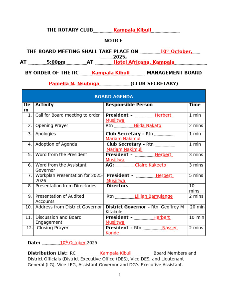 Notice and Agenda DG Visit Board Meeting - Template | PDF