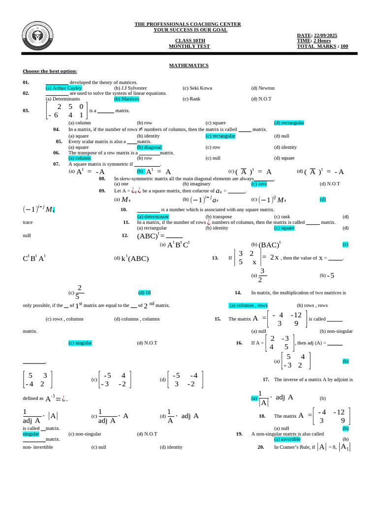Class x Math September 2025 | PDF | Matrix (Mathematics) | Determinant