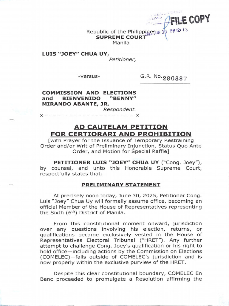 G.R. No. 280887 Ad Cautelam Petition for Certiorari and Prohibition ...