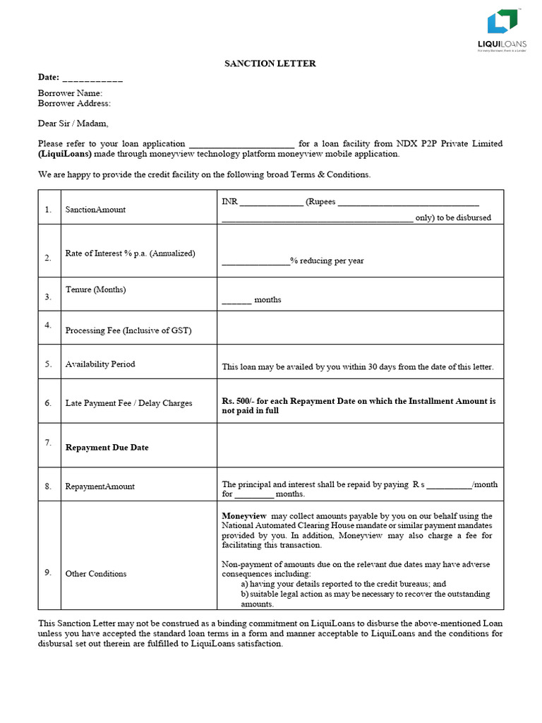 Loan Sanction Letter Template | PDF | Loans | Interest