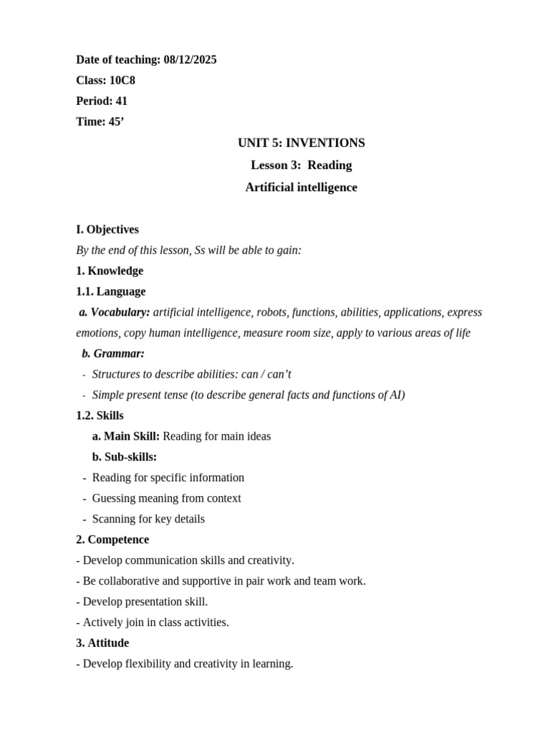 AI Vocabulary and Reading Lesson Plan | PDF | Artificial Intelligence ...