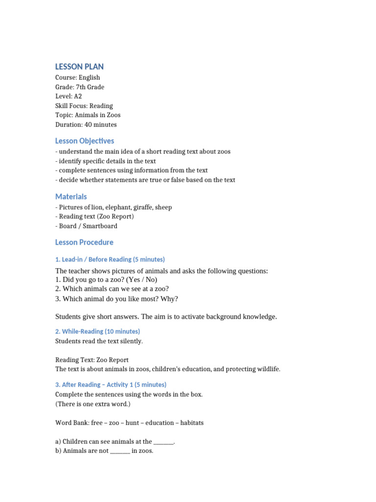 Lesson Plan Animals | PDF