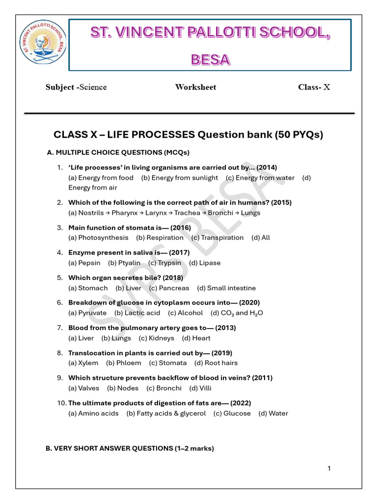 Class X Life Processes Question Bank | PDF | Digestion | Small Intestine