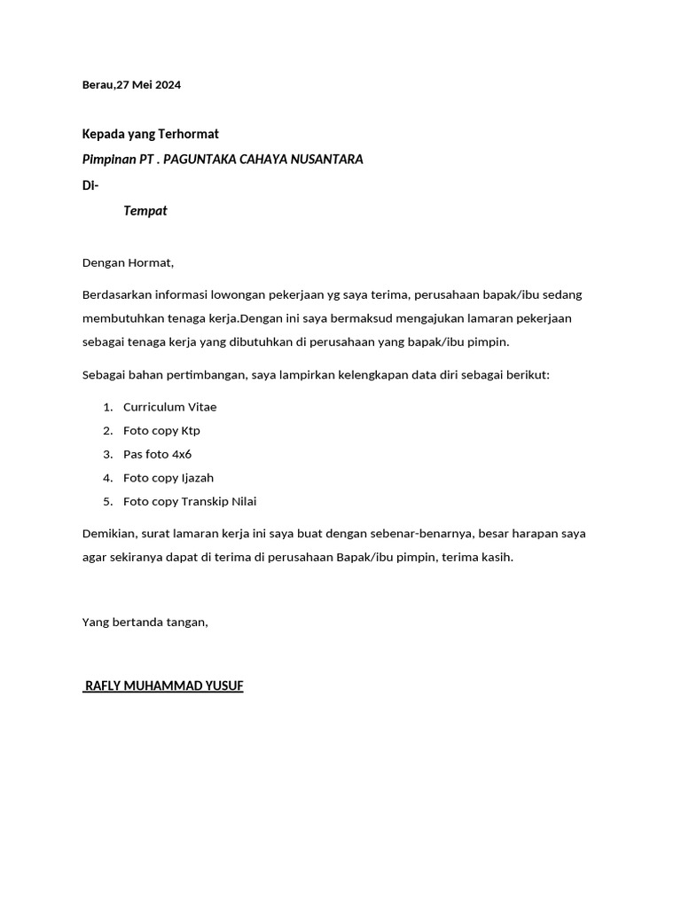Surat Lamaran Rafly PT Paguntaka | PDF