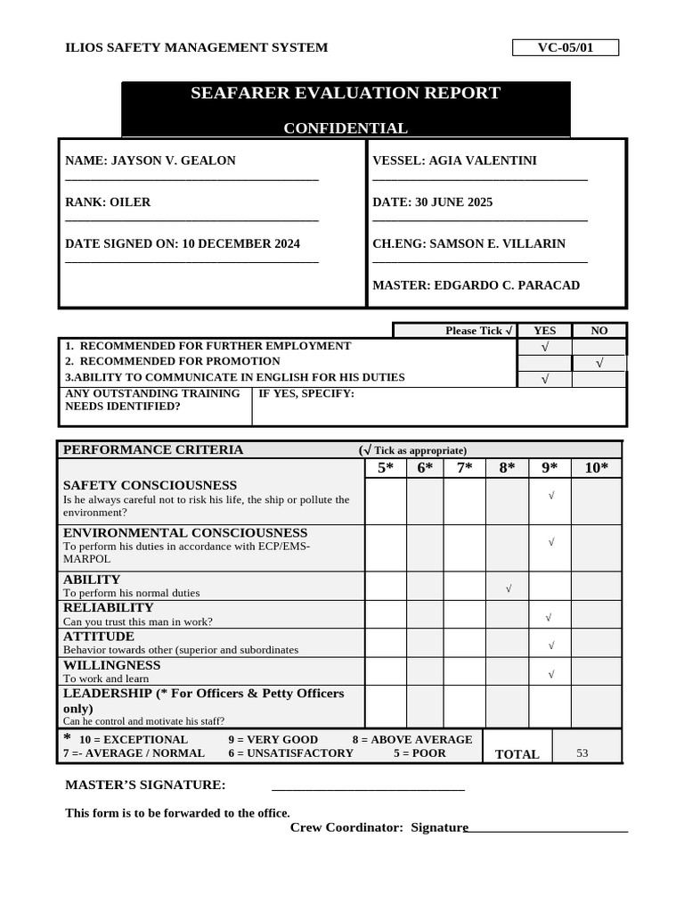 VC-05.01 SEAFARER EVALUATIONS REPORT OILER 2 | PDF