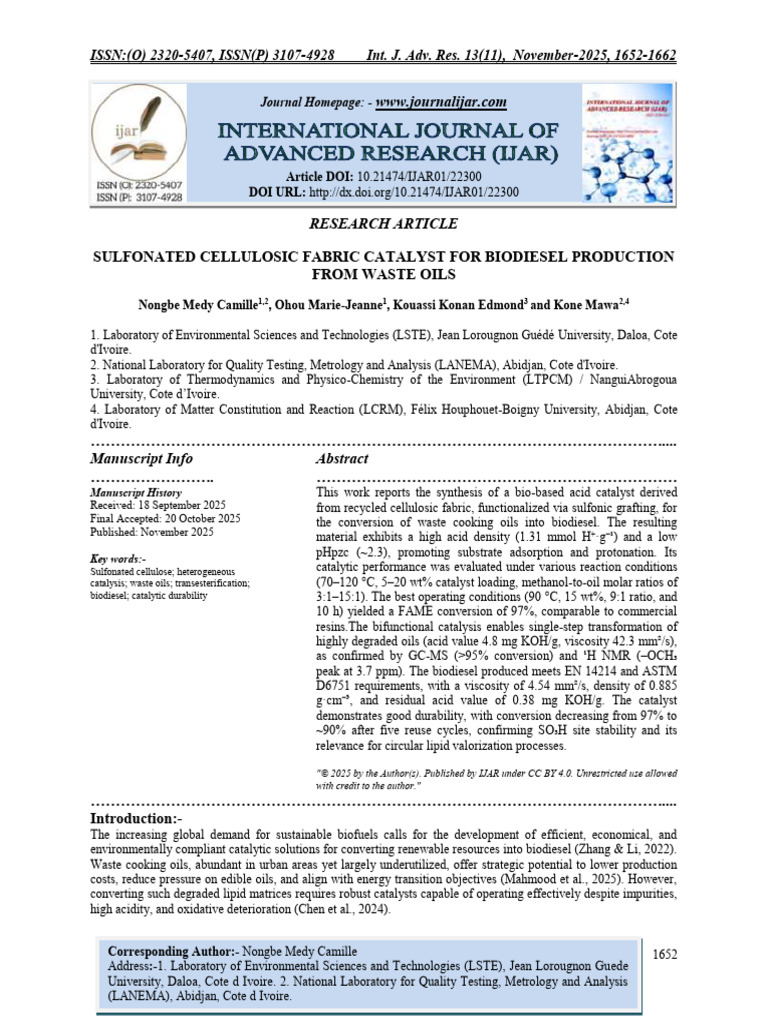 Sulfonated Cellulosic Fabric Catalyst For Biodiesel Production From ...