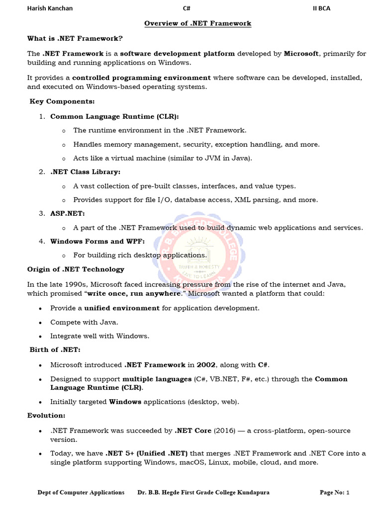 C# & Dot Net Unit I Class Notes | PDF | C Sharp (Programming Language ...