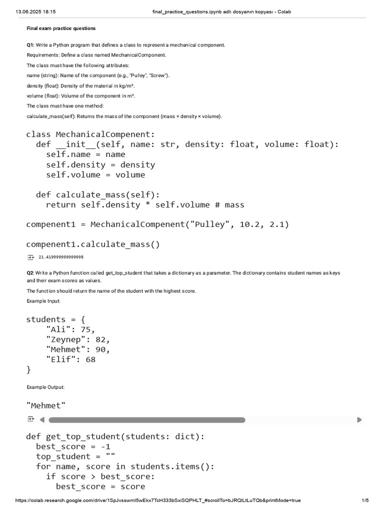 python Final Practice Questions | PDF | Density | Computing