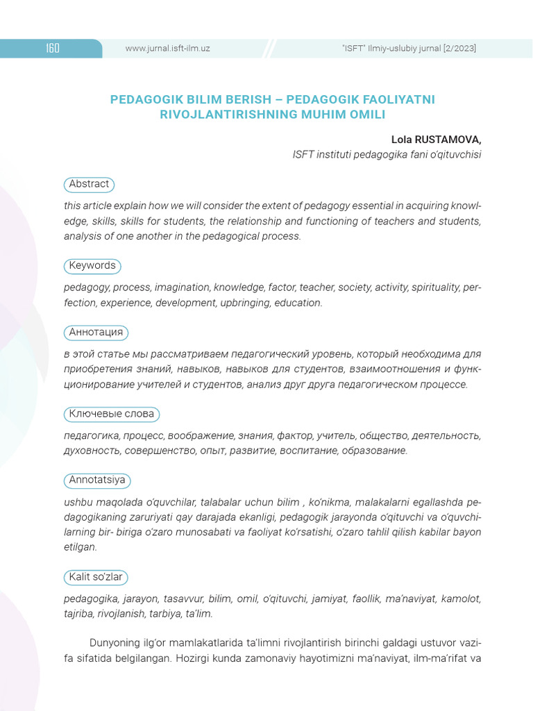 Pedagogik Bilim Berish - Pedagogik Faoliyatni Rivojlantirishning Muhim ...