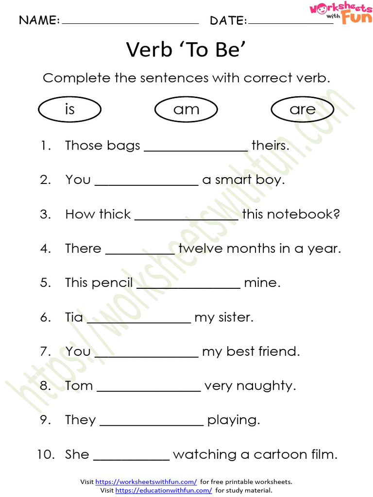 Verb 'To Be' Worksheet for Kids | PDF