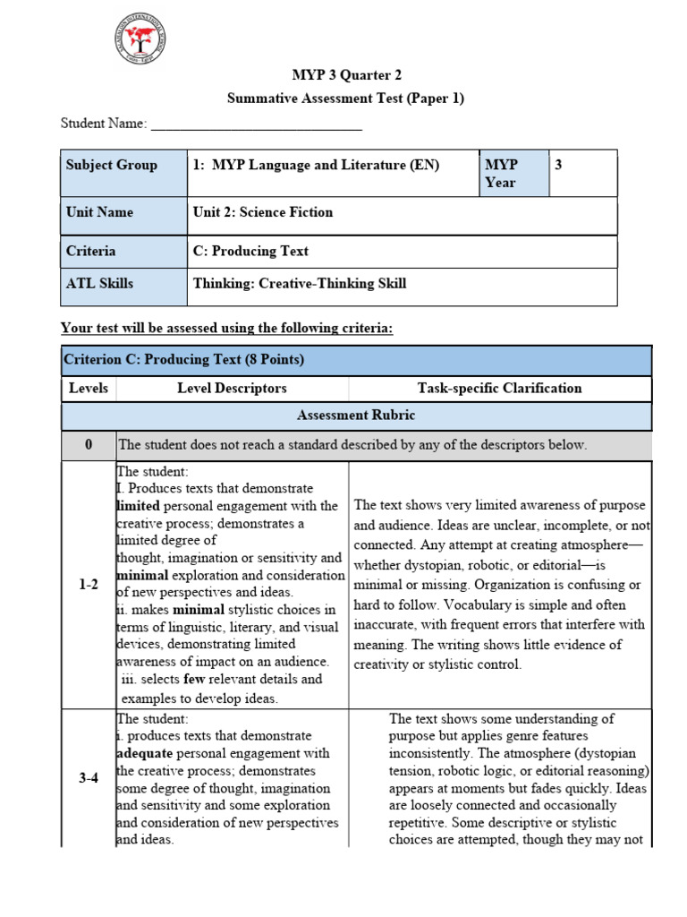 MYP 3 Language & Literature Assessment | PDF | Creativity | Thought