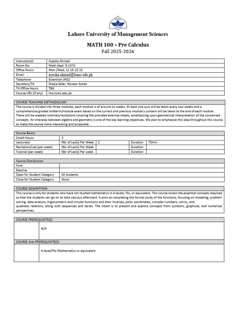 MATH 100 Precal Course Outline | PDF | Trigonometric Functions ...