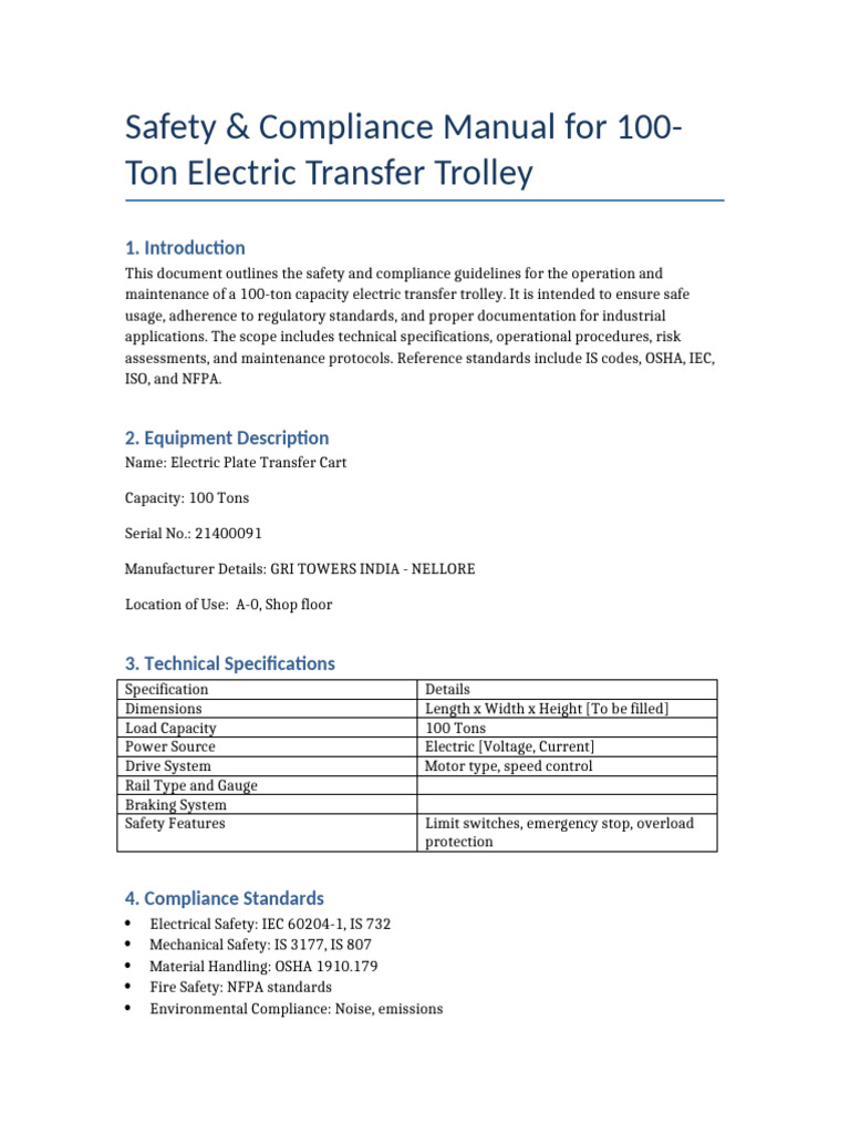 Electric Transfer Trolley 100ton Safety Manual | PDF | Safety | Fire Safety