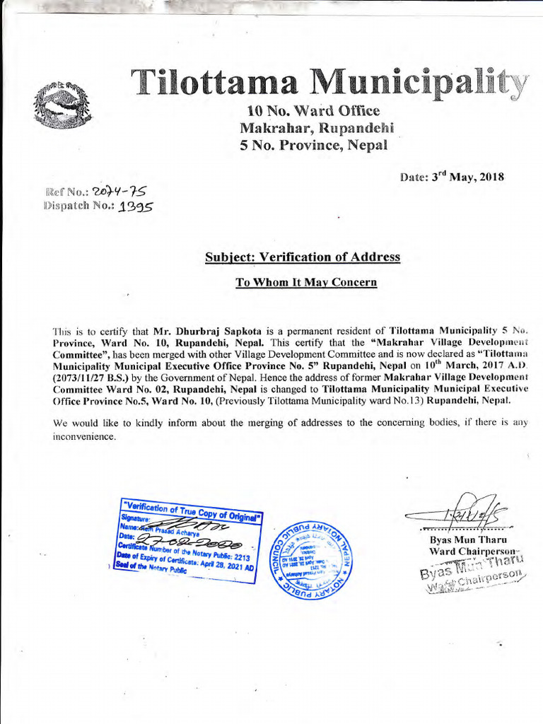 Residency Certification for Dhurbraj Sapkota | PDF