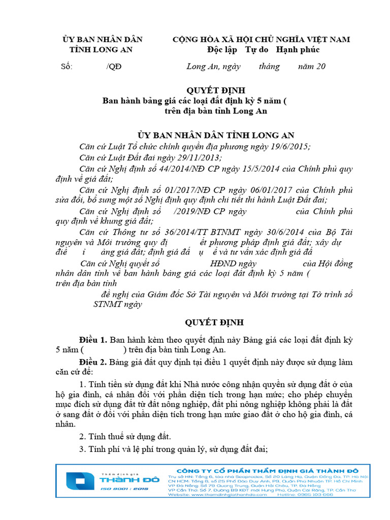 Bang Gia Dat Long An 2020 2024 QD 74 | PDF