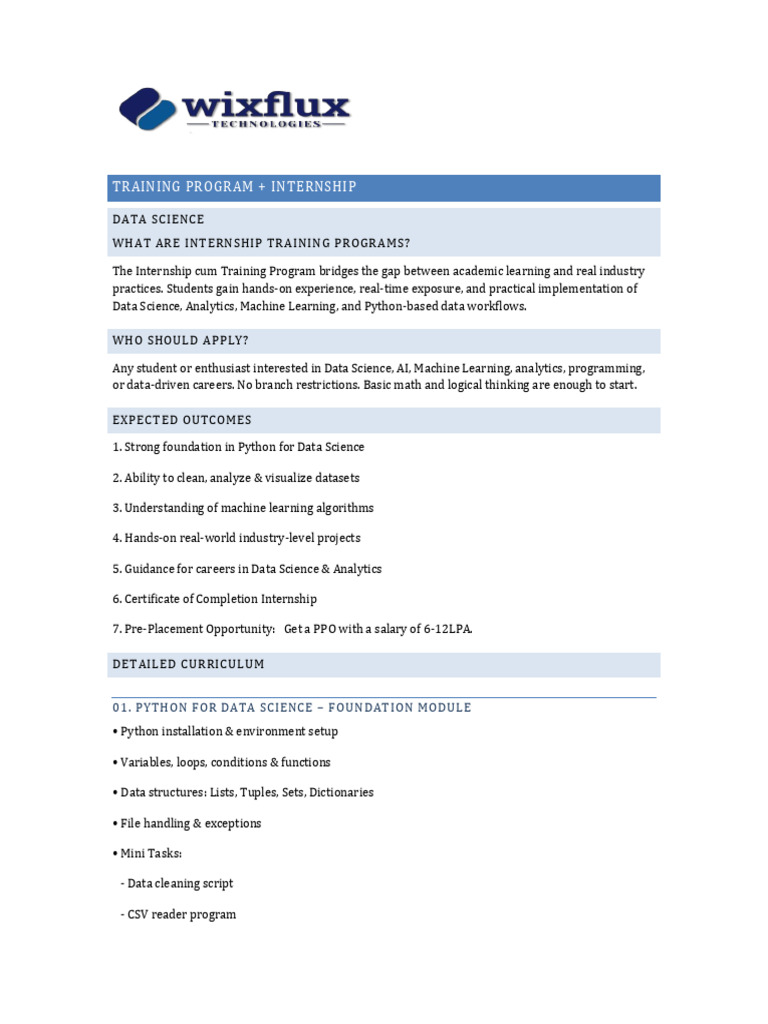 Wixflux Data Science Internship Brochure | PDF | Machine Learning ...