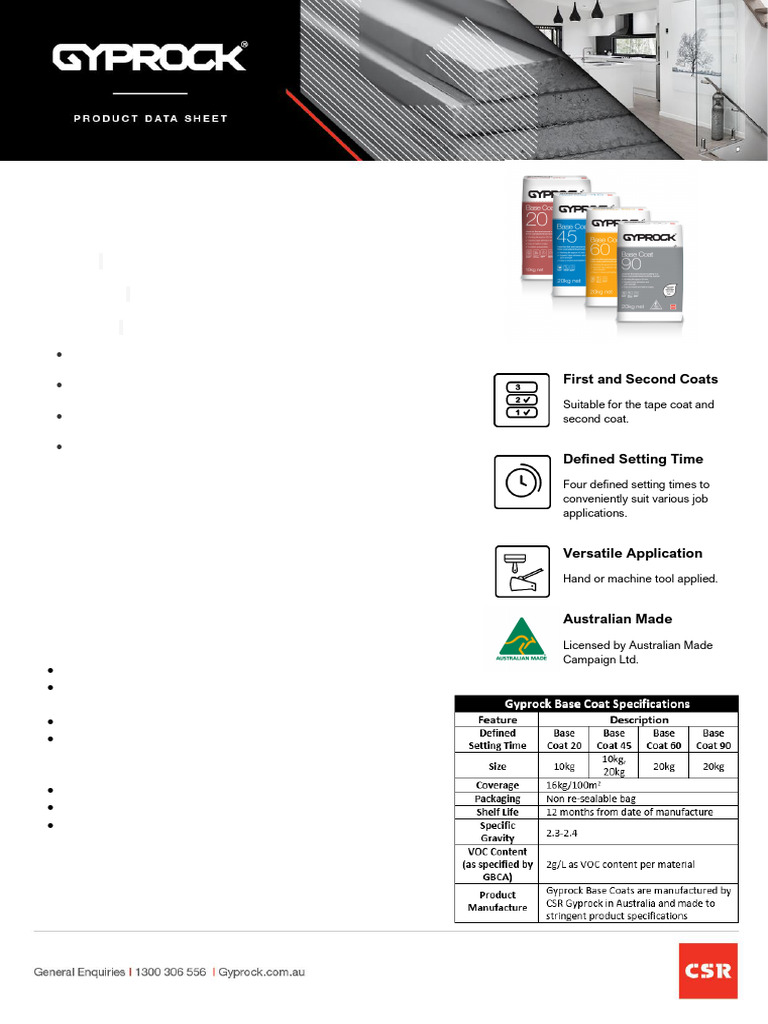 Gyprock Base Coat Product Data Sheet | PDF | Drywall | Building Materials