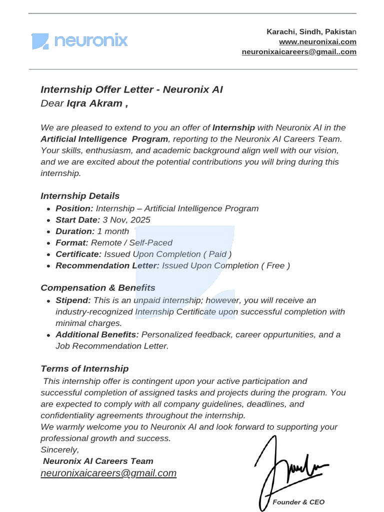 Internship Offer: Neuronix AI Program | PDF