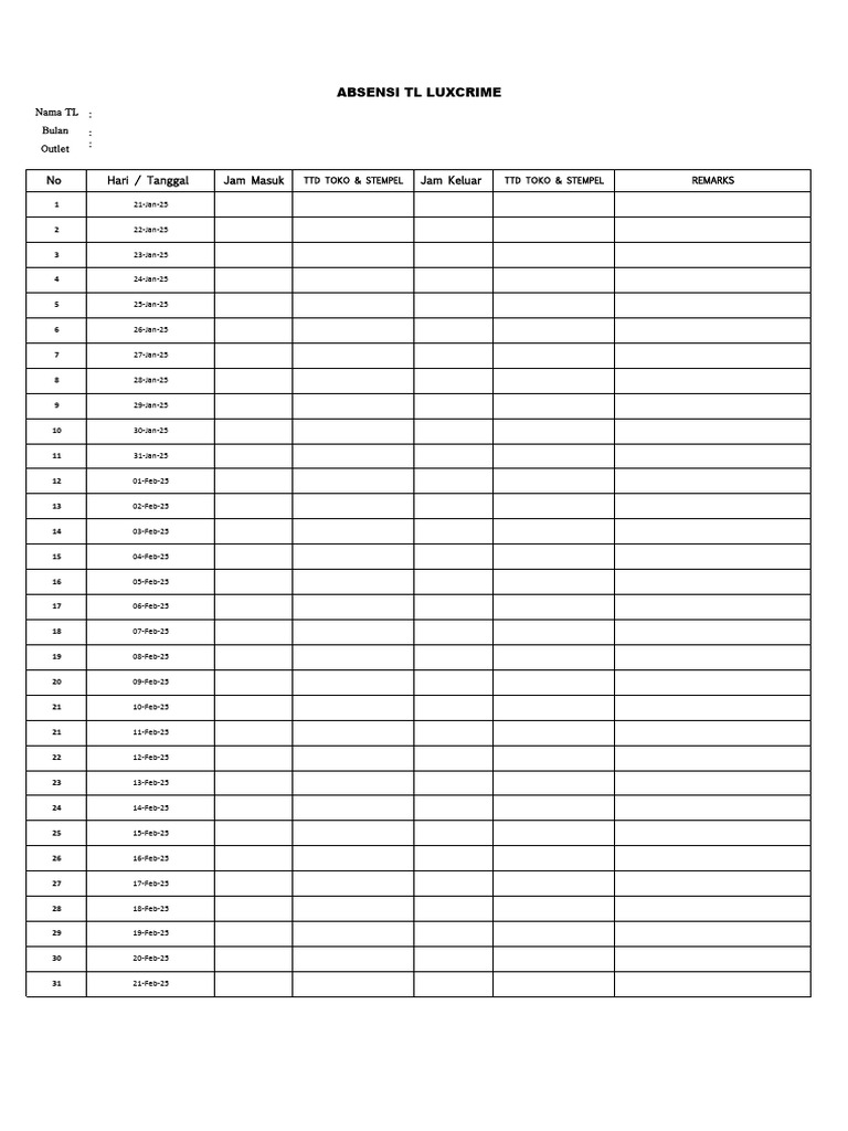 Form Absen Tl Luxcrime | PDF