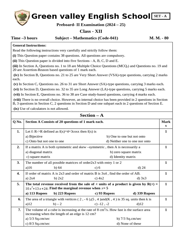 Class XII Mathematics Preboard Exam 2024 | PDF | Matrix (Mathematics ...