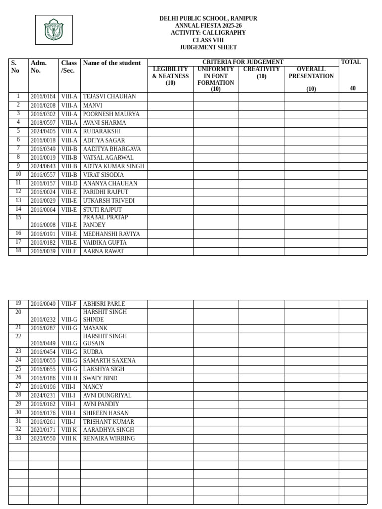 Calligraphy 8th Judgement Sheet | PDF