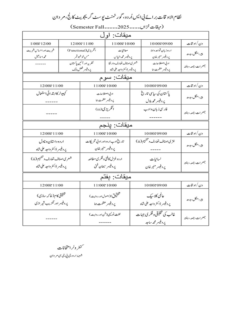 Time Table BS Urdu Fall 2025 | PDF
