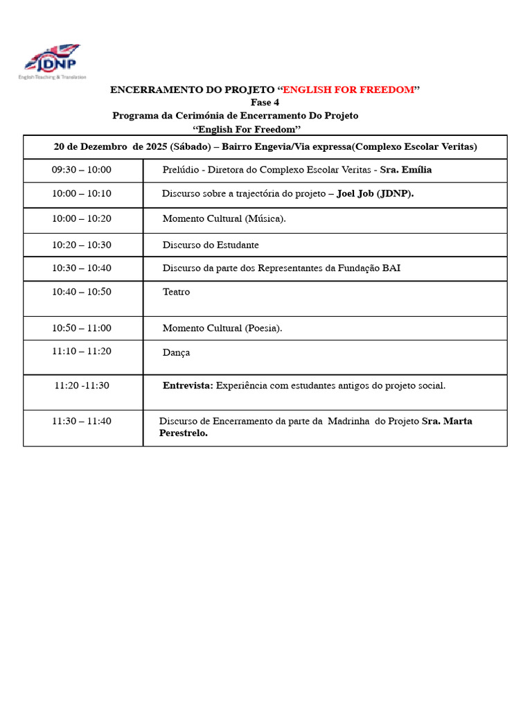 Programa Da Cerimónia - Projecto Social English For Freedom | PDF
