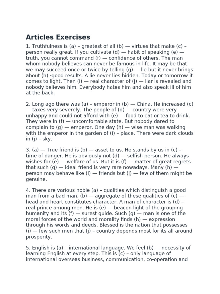 Articles Worksheet | PDF | Happiness