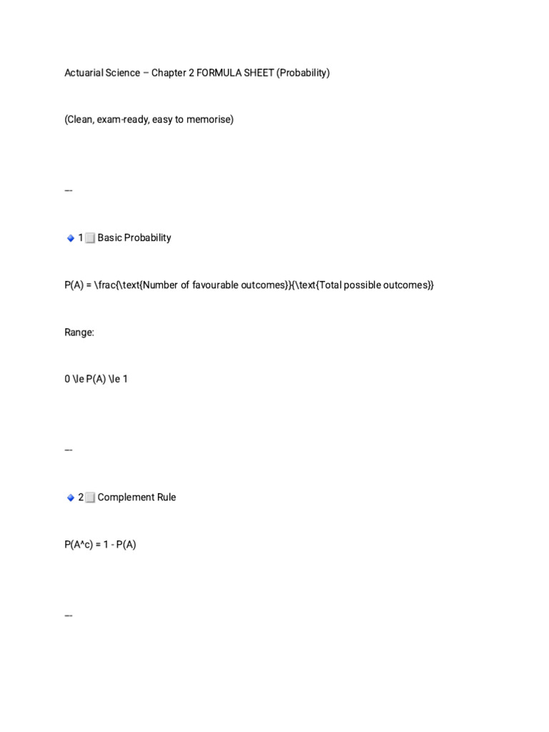 Actuarial Science Probability Formula Sheet | PDF