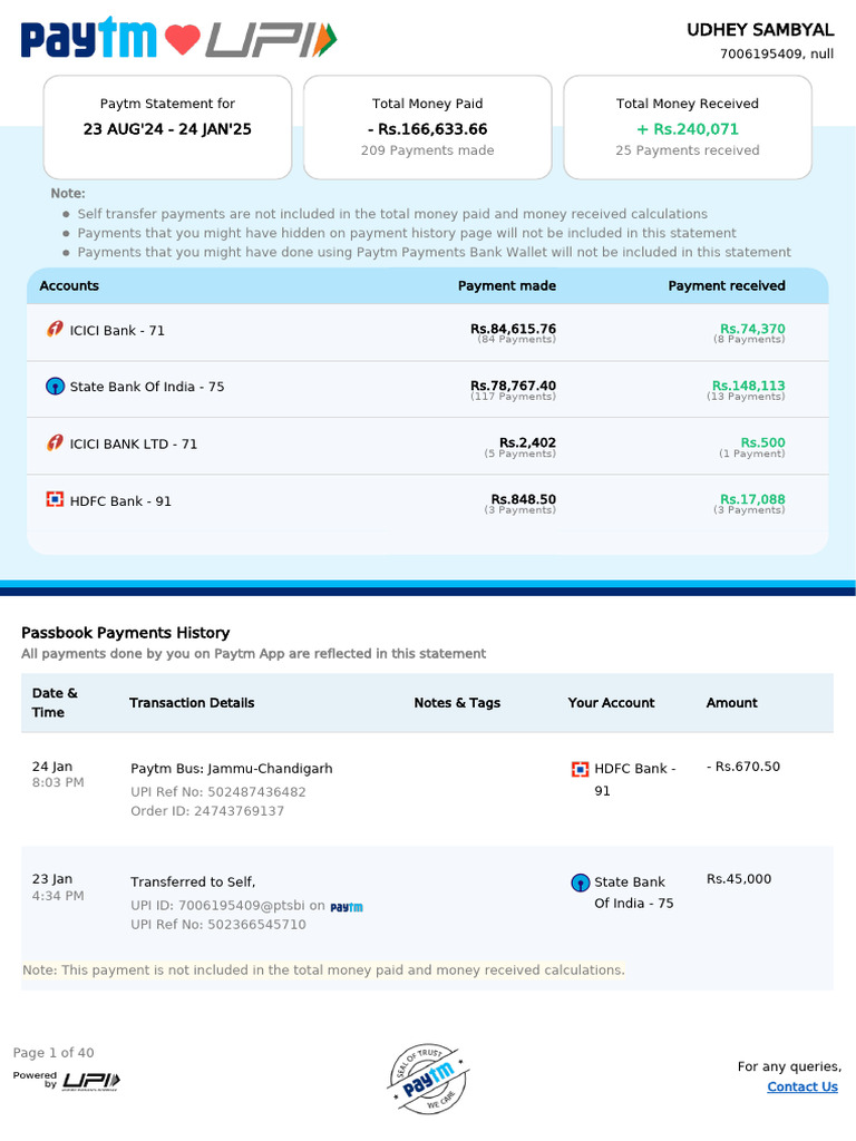 Paytm UPI Statement 23 Aug'24 - 24 Jan'25 | PDF | Banking Technology ...